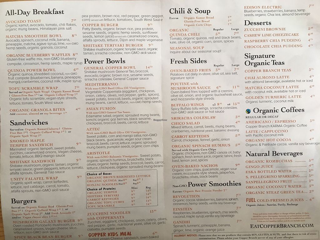 Copper branch menu store